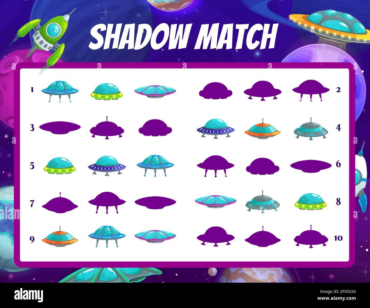 Spaceships shadow match kids game, vector boardgame with alien ufo ...