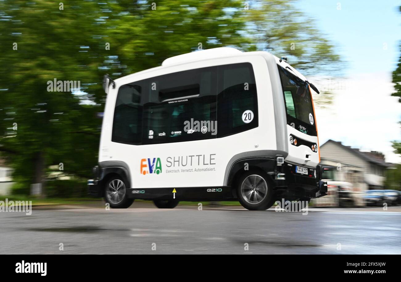 Karlsruhe, Germany. 17th May, 2021. An autonomously driving minibus is ...