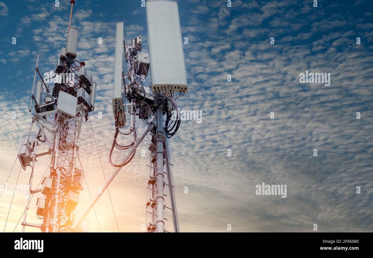 Telecommunication tower. Antenna on blue sky. Radio and satellite pole ...