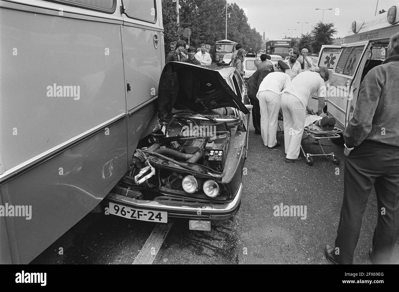 Collision car against bus, car collapsed, half under the bus, July 20 ...
