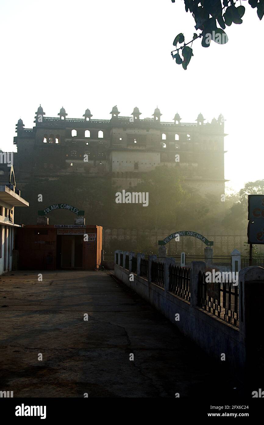 View of fort and view point in early morning sunlight at Orchcha in ...