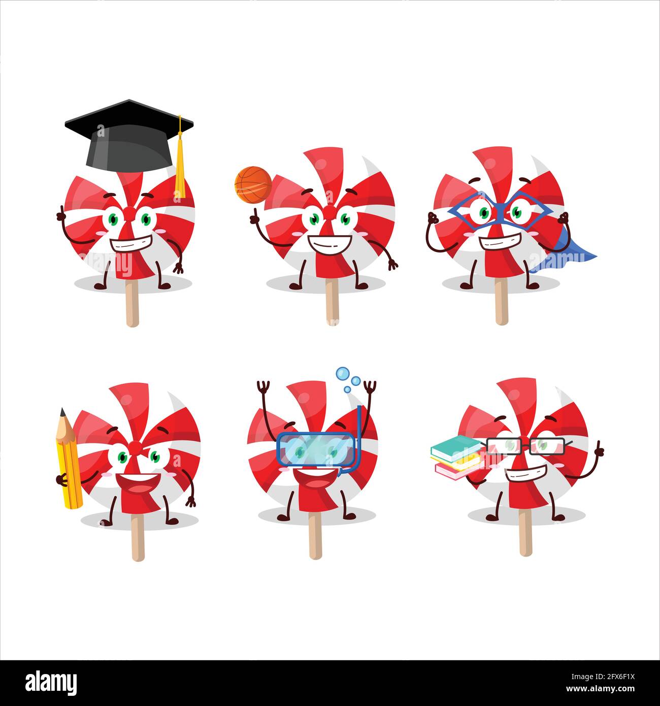 School student of red white peppermint lolipop cartoon character with ...