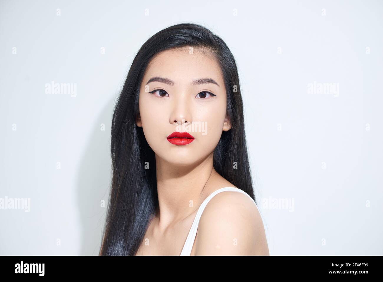 Beautiful Woman Skin Tanned Red Lips Healthy Beauty Skin Smile Stock ...