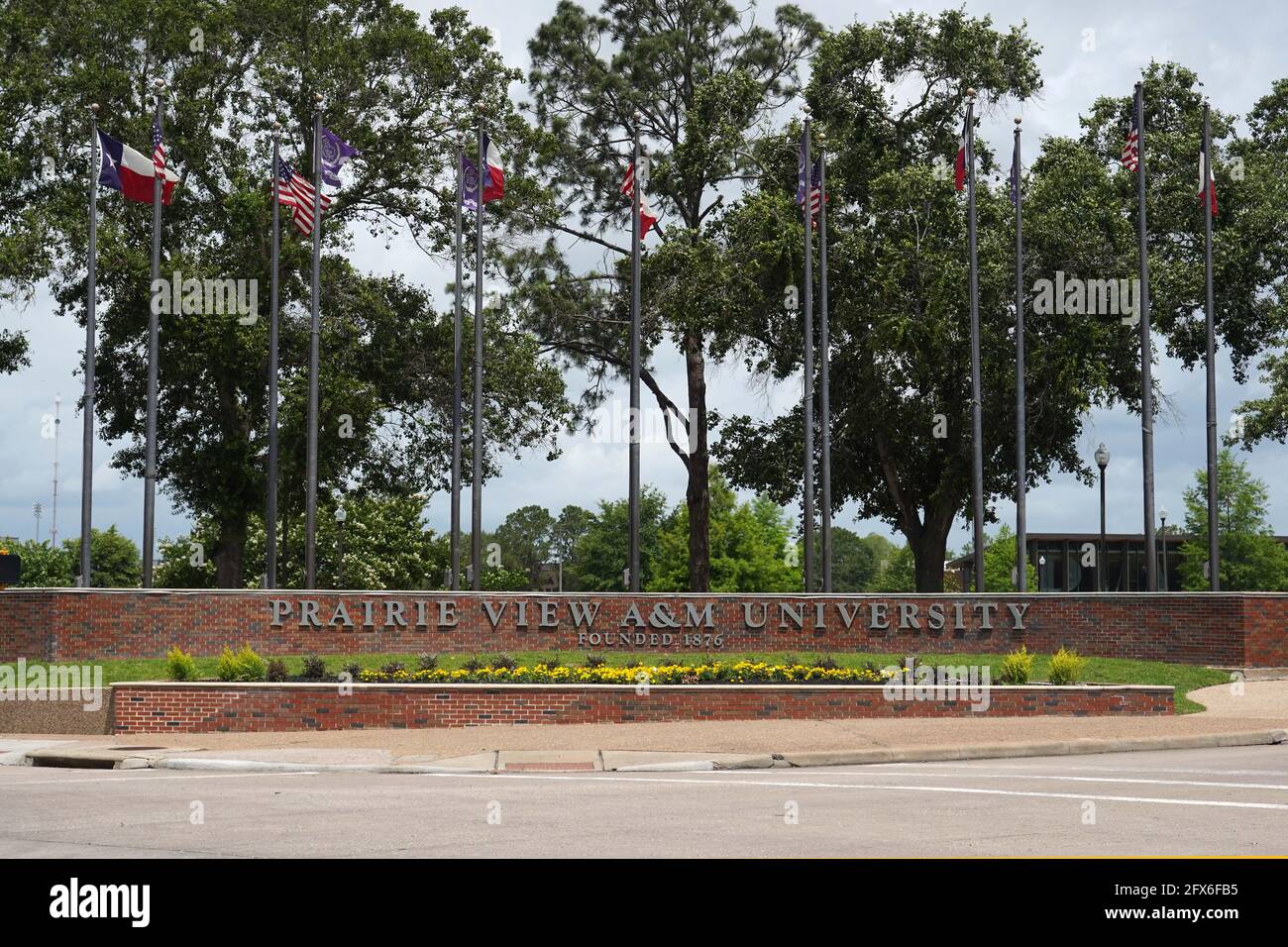 A sign at the Prairie View A&M University entrance, Tuesday, May 25, 2021, in Prairie View, Tex ...