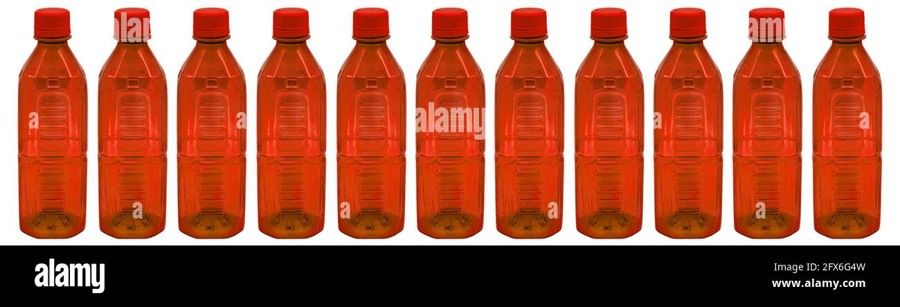 Front view of empty PET plastic red bottles isolated on white Stock ...