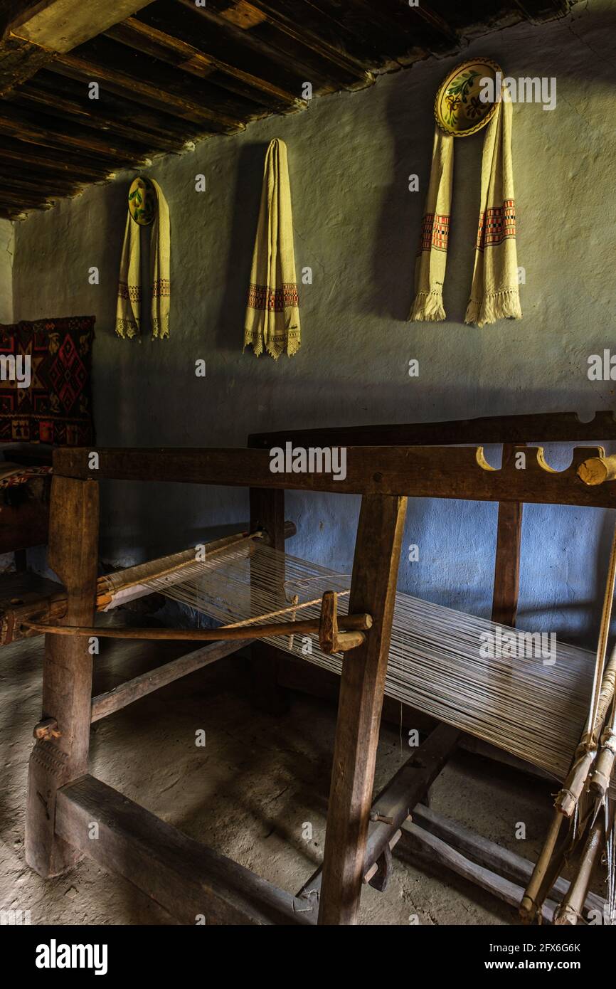 Traditional Romanian folk house interior with rural furniture and ...