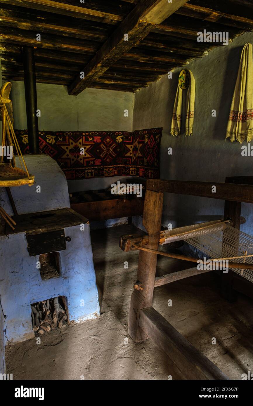 Traditional Romanian folk house interior with rural furniture and ...
