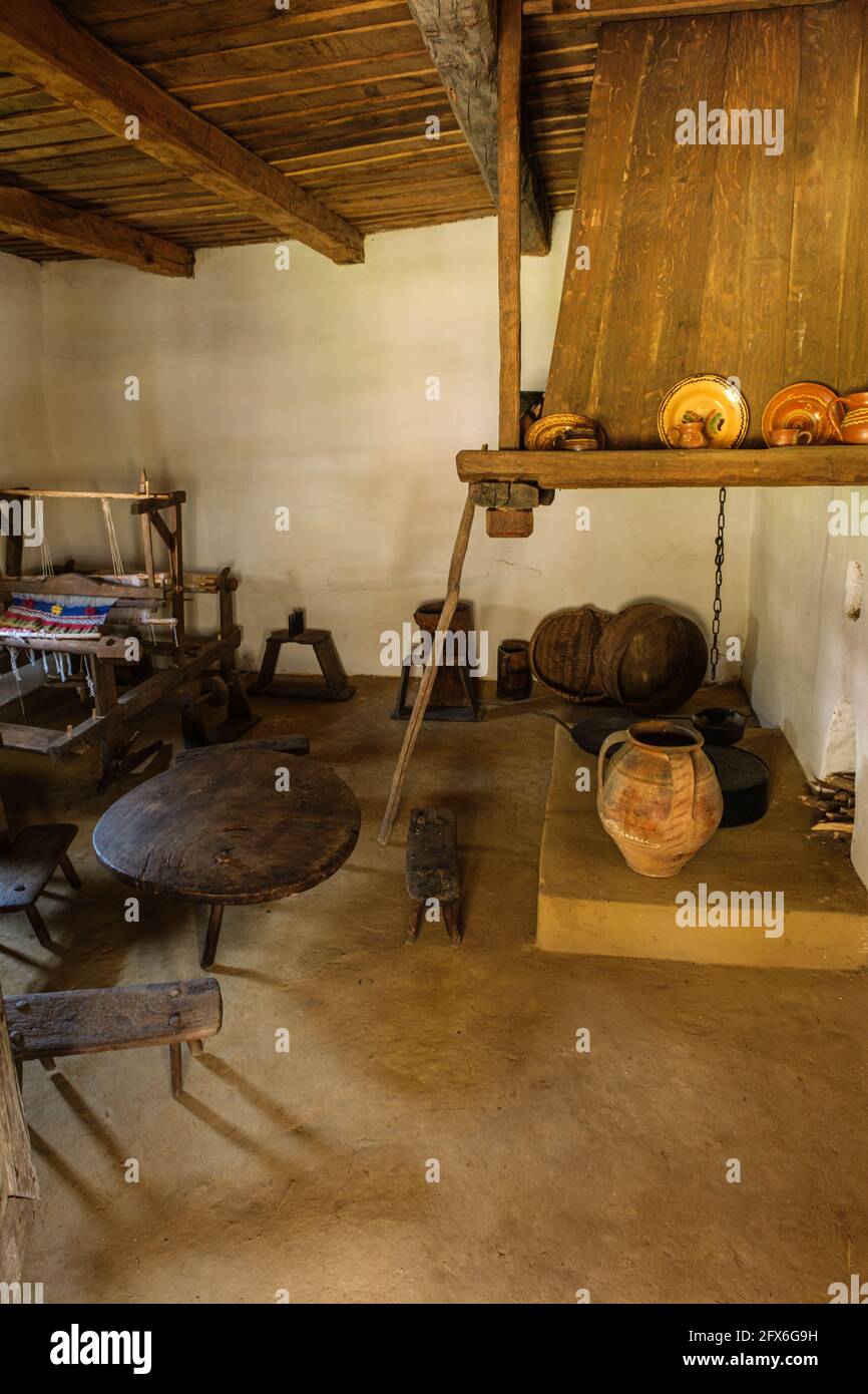 Traditional Romanian folk house interior with rural furniture and ...