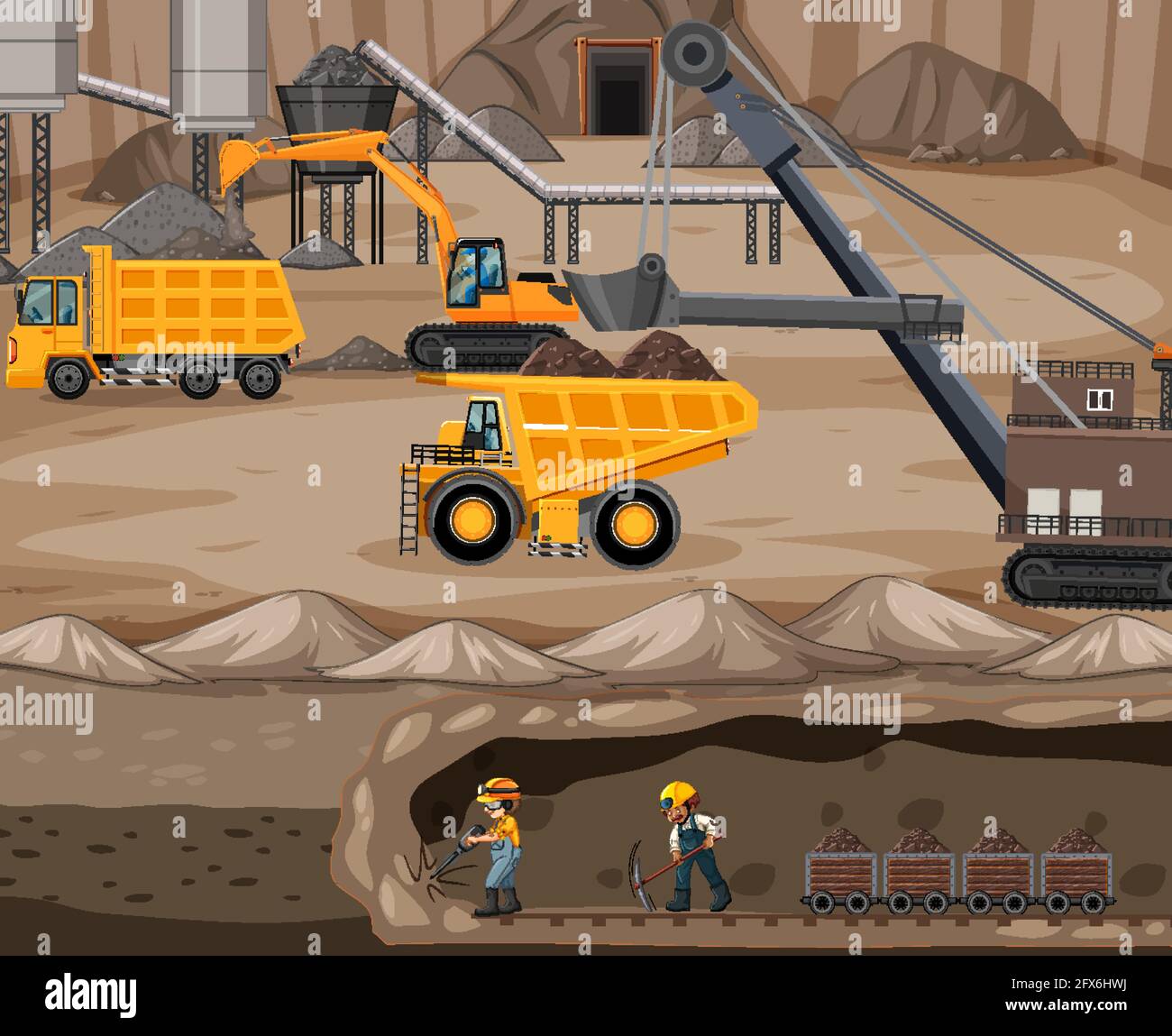 Landscape of coal mining with underground scene illustration Stock ...
