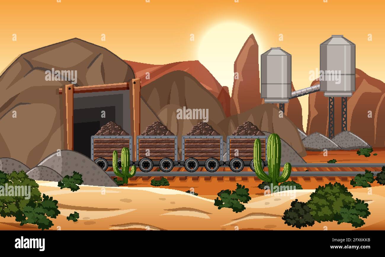 Landscape of coal mining scene at sunset time illustration Stock Vector ...