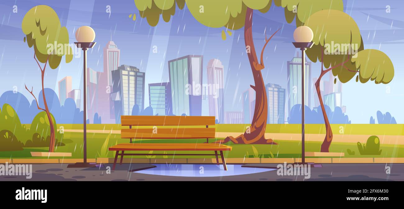 City park with bench at rainy weather, summer or spring rain scenery ...