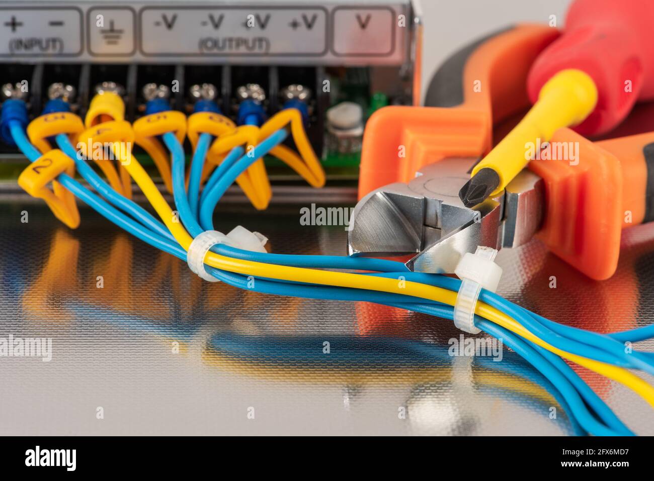 Electrical devices and hand tool with installation cable wire close-up ...