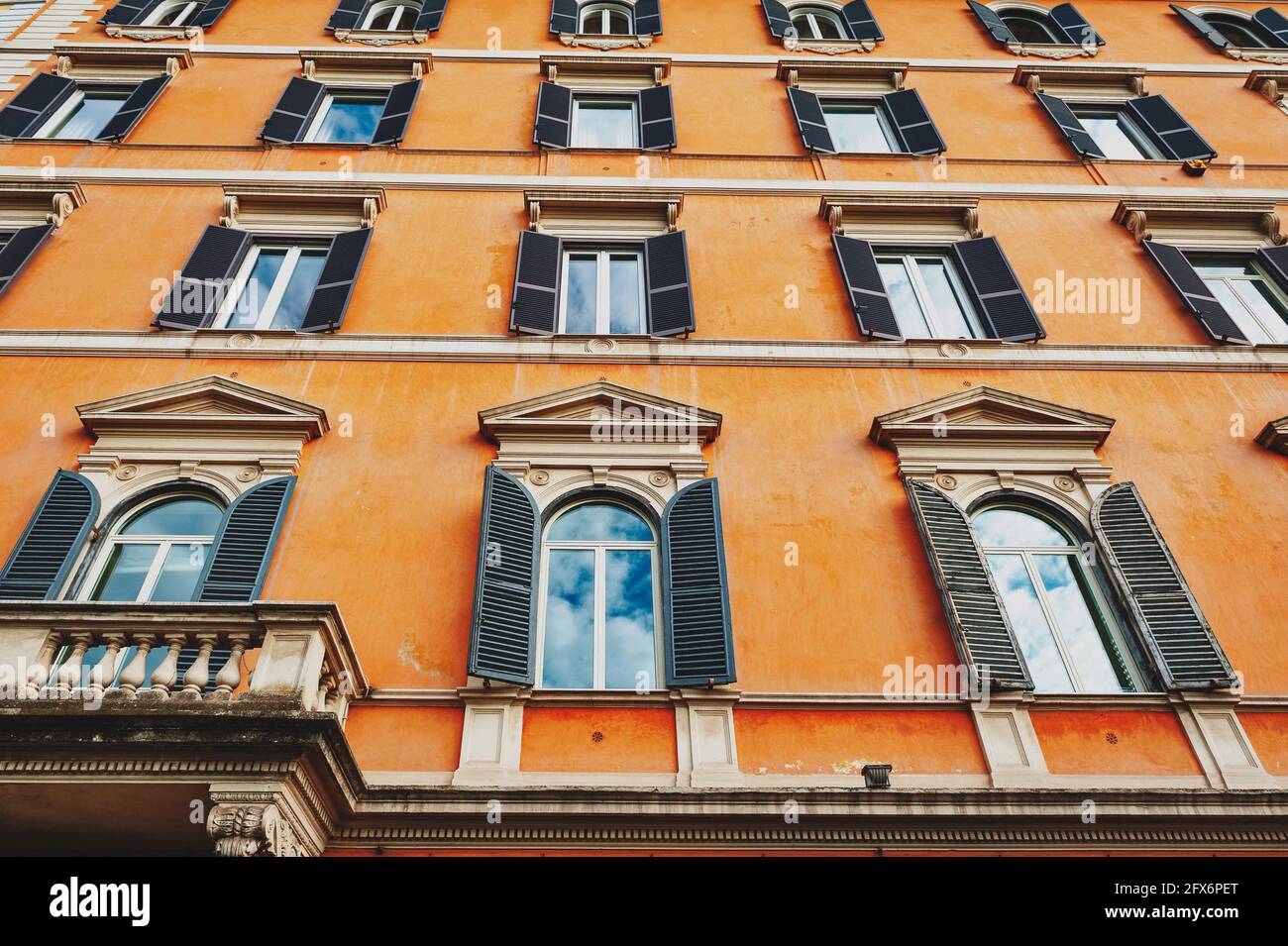 Low angle shot showing details of European classic building with ...