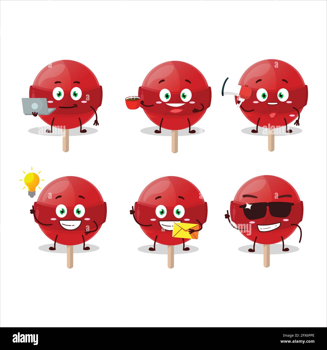 Red lolipop cartoon character with various types of business emoticons ...