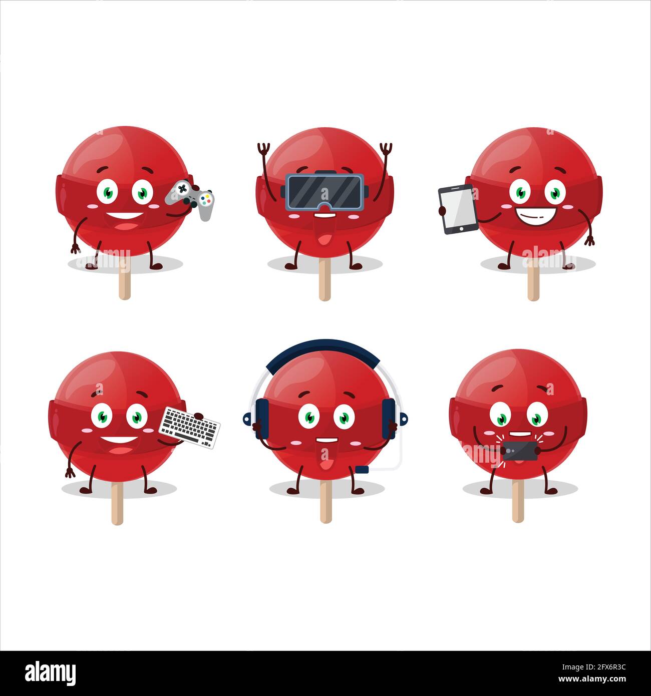 Red lolipop cartoon character are playing games with various cute ...