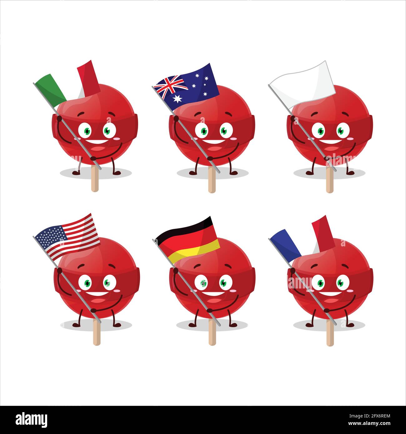 Red lolipop cartoon character bring the flags of various countries ...