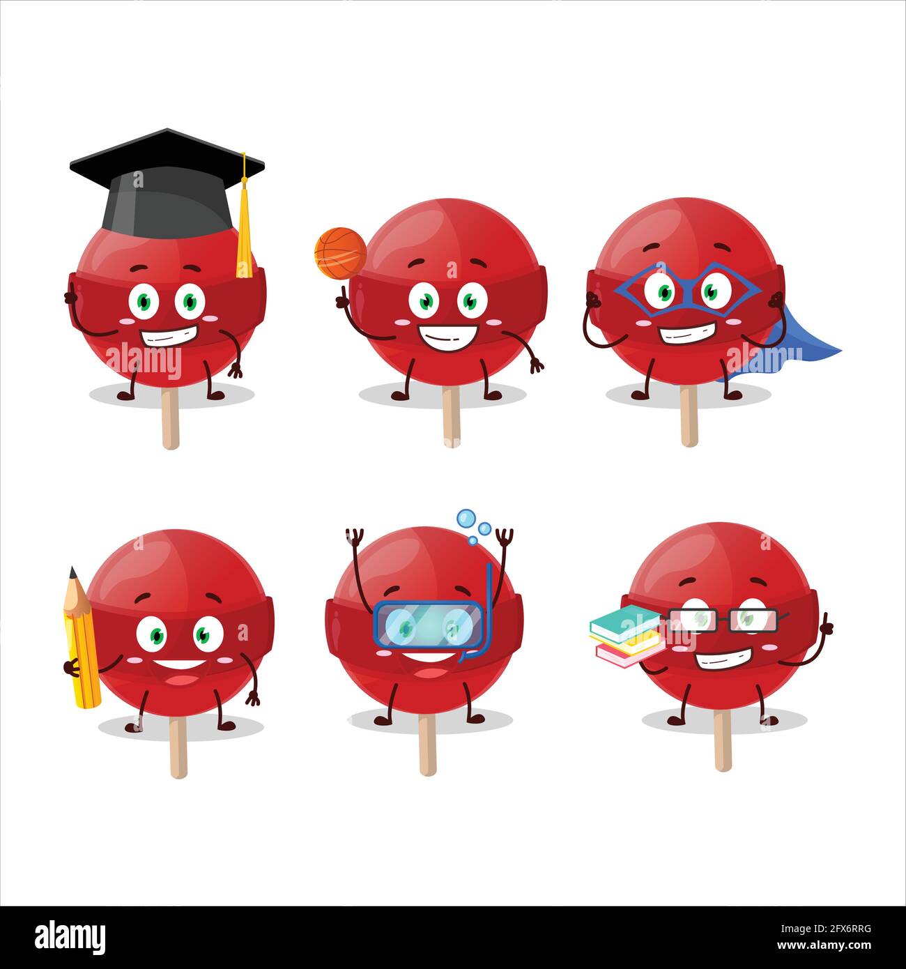 School student of red lolipop cartoon character with various ...