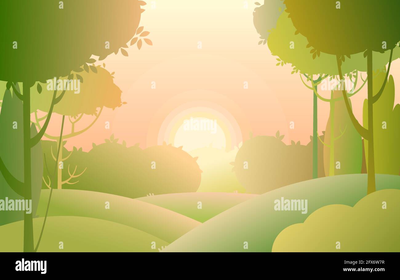 Rural beautiful landscape. Cartoon style. Sunset. Hills with grass and ...
