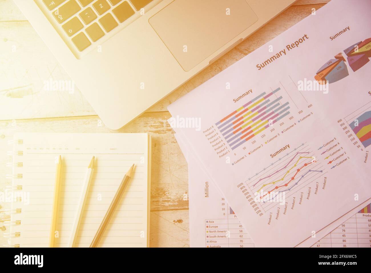 Office desk a stack of paper reports work forms with computer. Modern ...