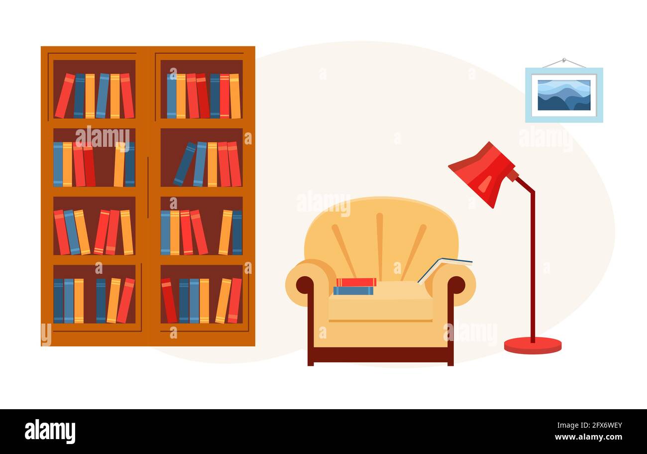 Interior Home library. Room with bookcase, chair and reading lamp ...