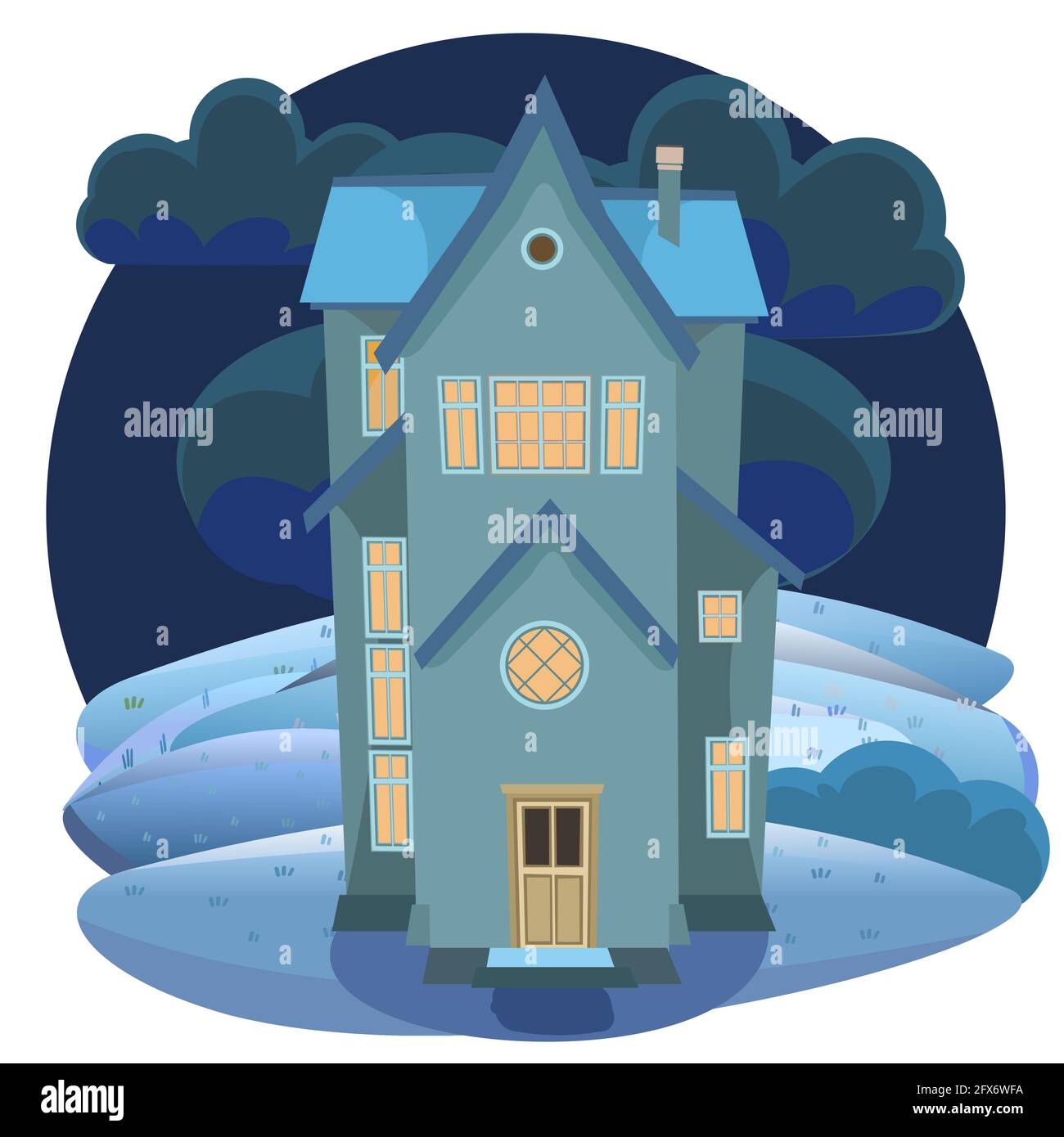 Cartoon house on the hill. Night. A beautiful, cozy country house in a ...