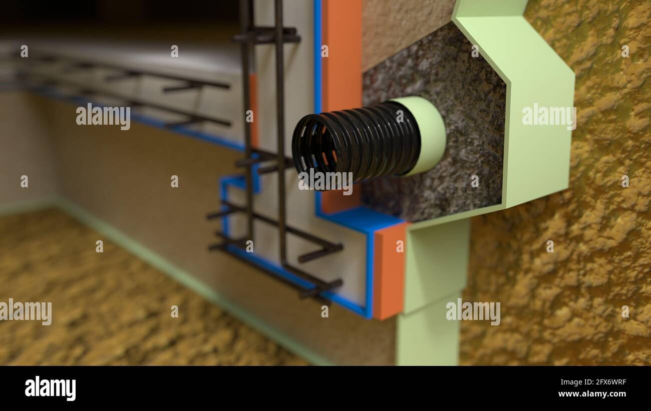 house foundation drain system, concept industrial 3D rendering Stock ...