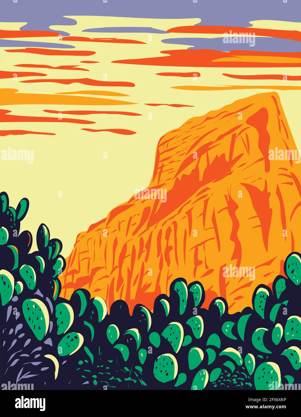 WPA Poster Art of prickly pear cactus with Red Butte in Tucson ...