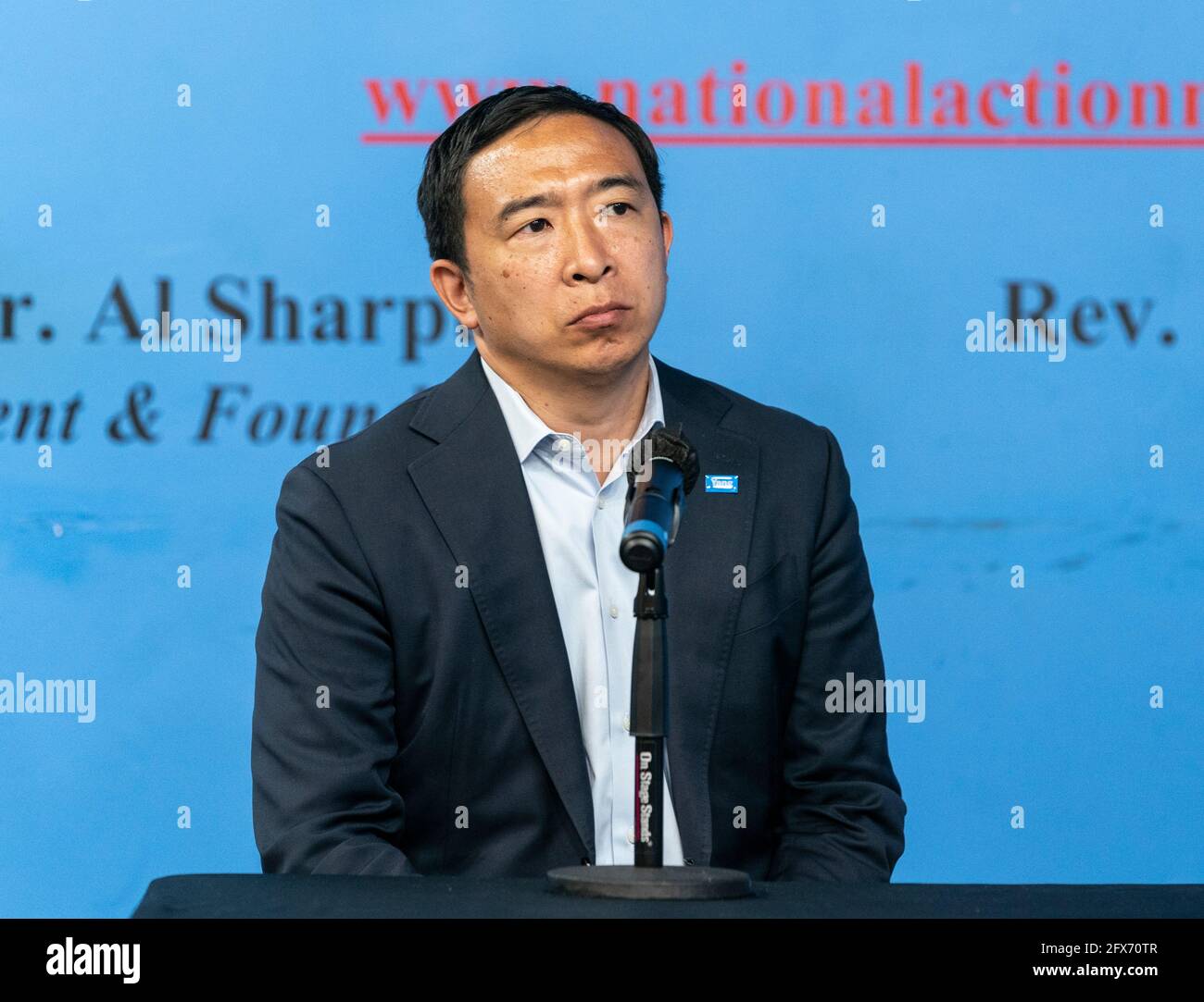 New York, NY - May 25, 2021: Andrew Yang speaks as Reverend Al Sharpton ...