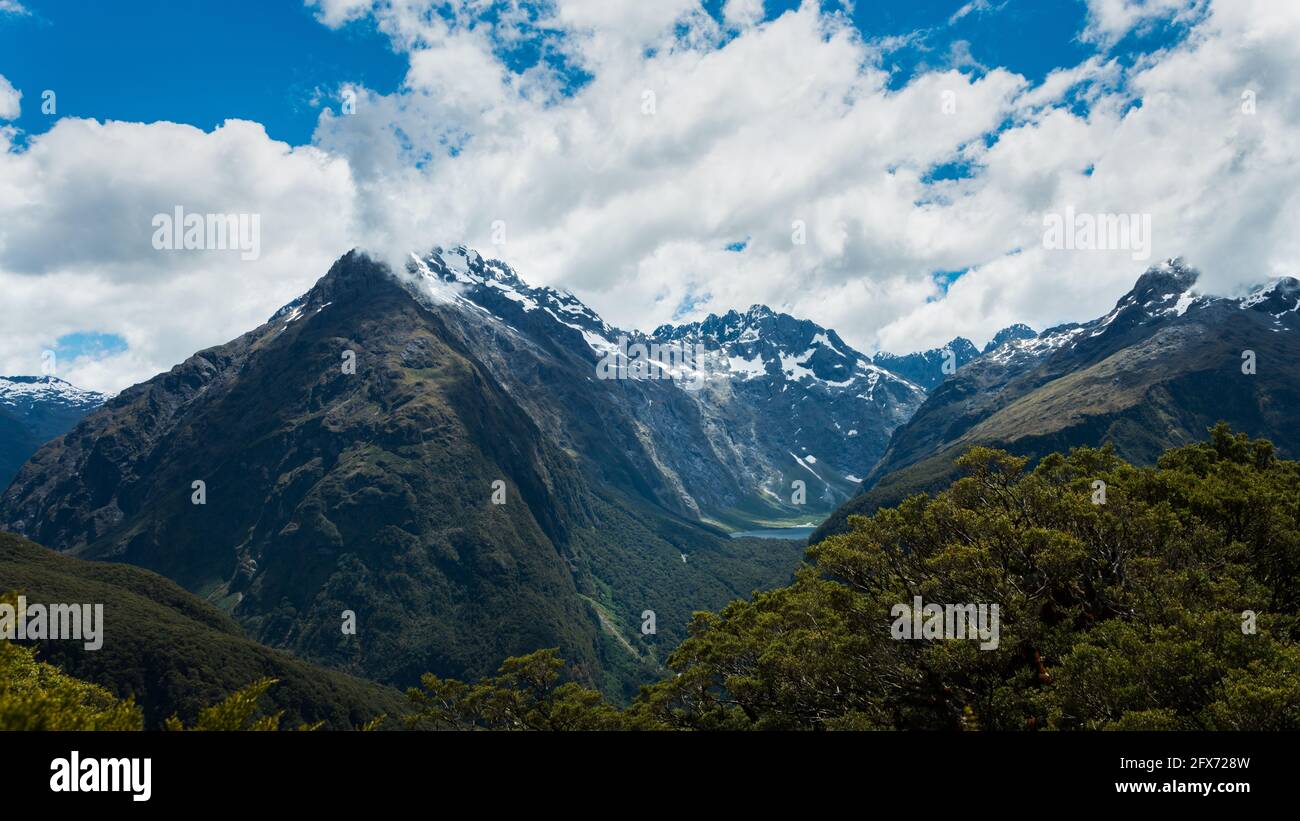 Panorama view of the valley and Lake Marian from the Key Summit ...