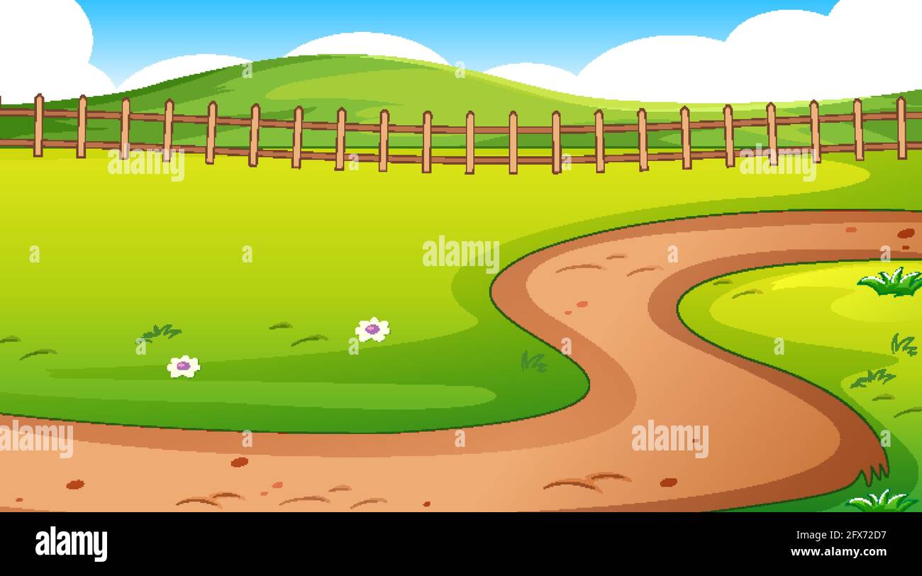 Blank nature park landscape at daytime scene with pathway through the meadow illustration Stock ...