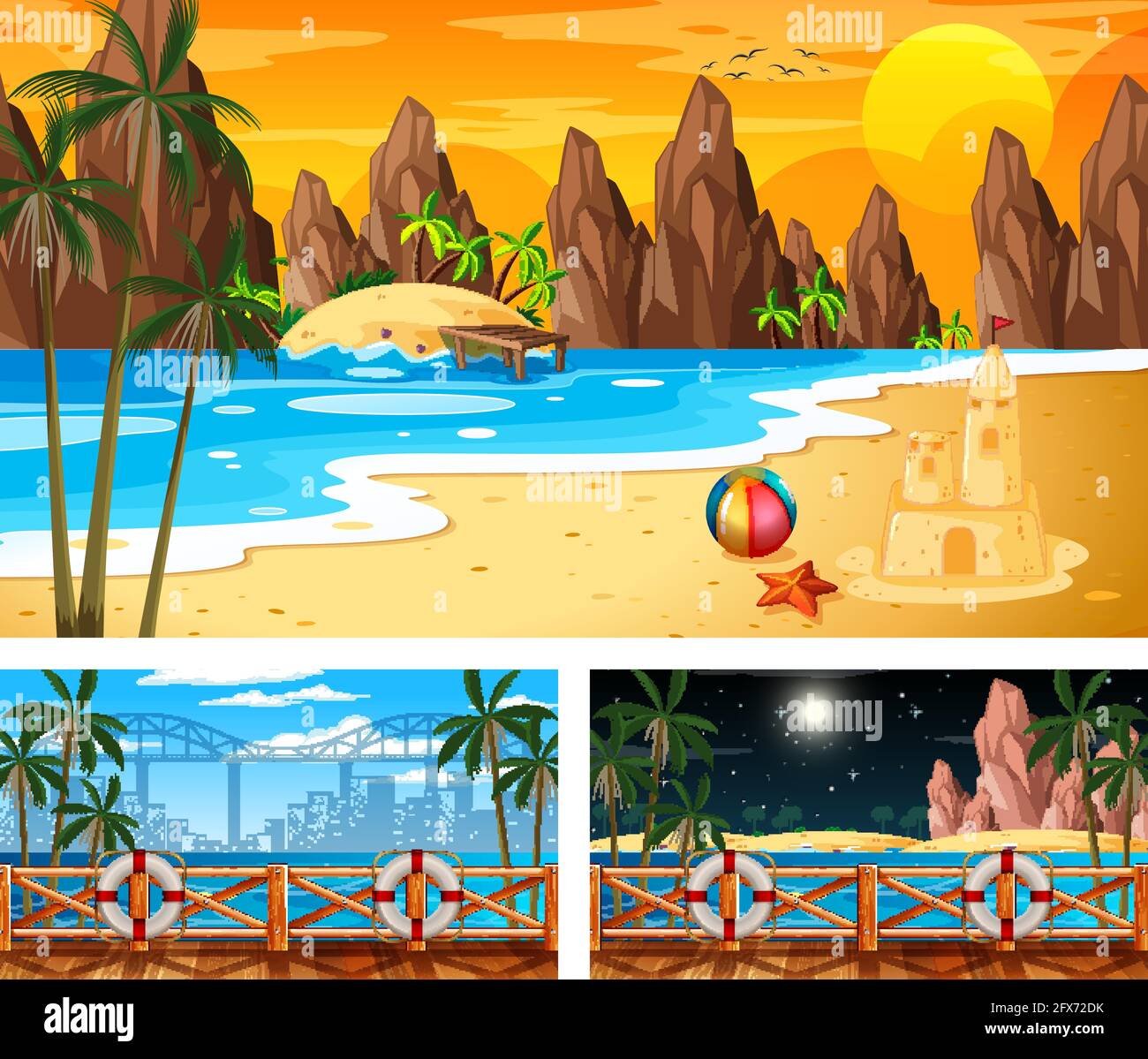 Three different beach landscape scenes illustration Stock Vector Image ...