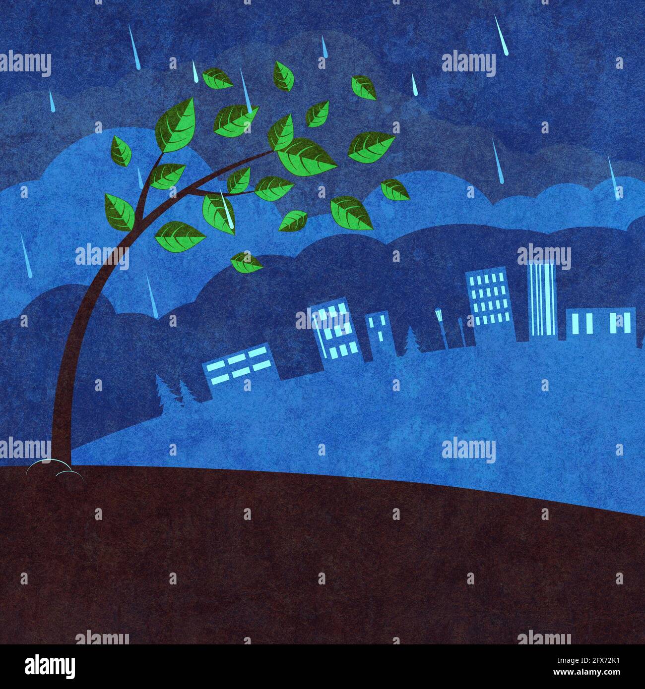 Cartoon tree in the storm and distant city, windy weather textured ...