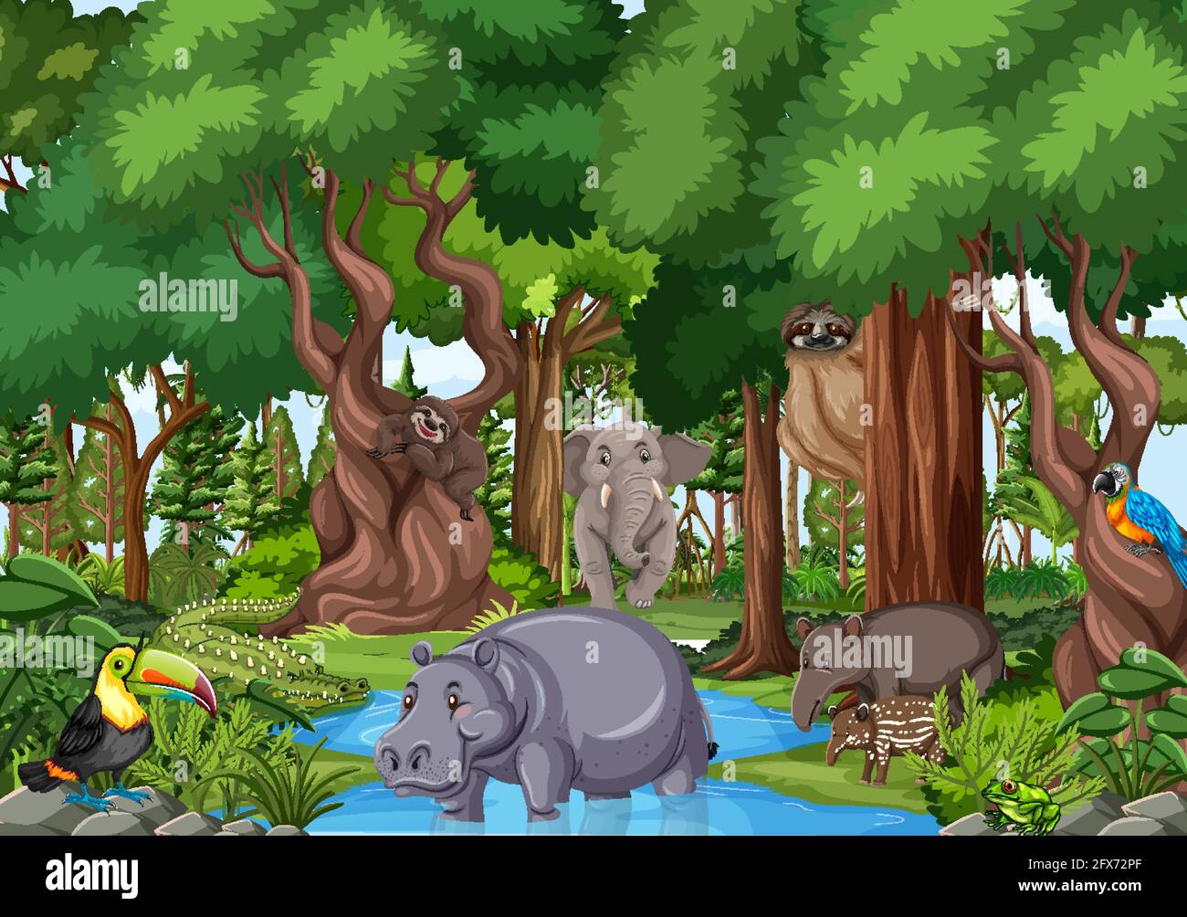 Wild animal cartoon character in the forest scene illustration Stock ...