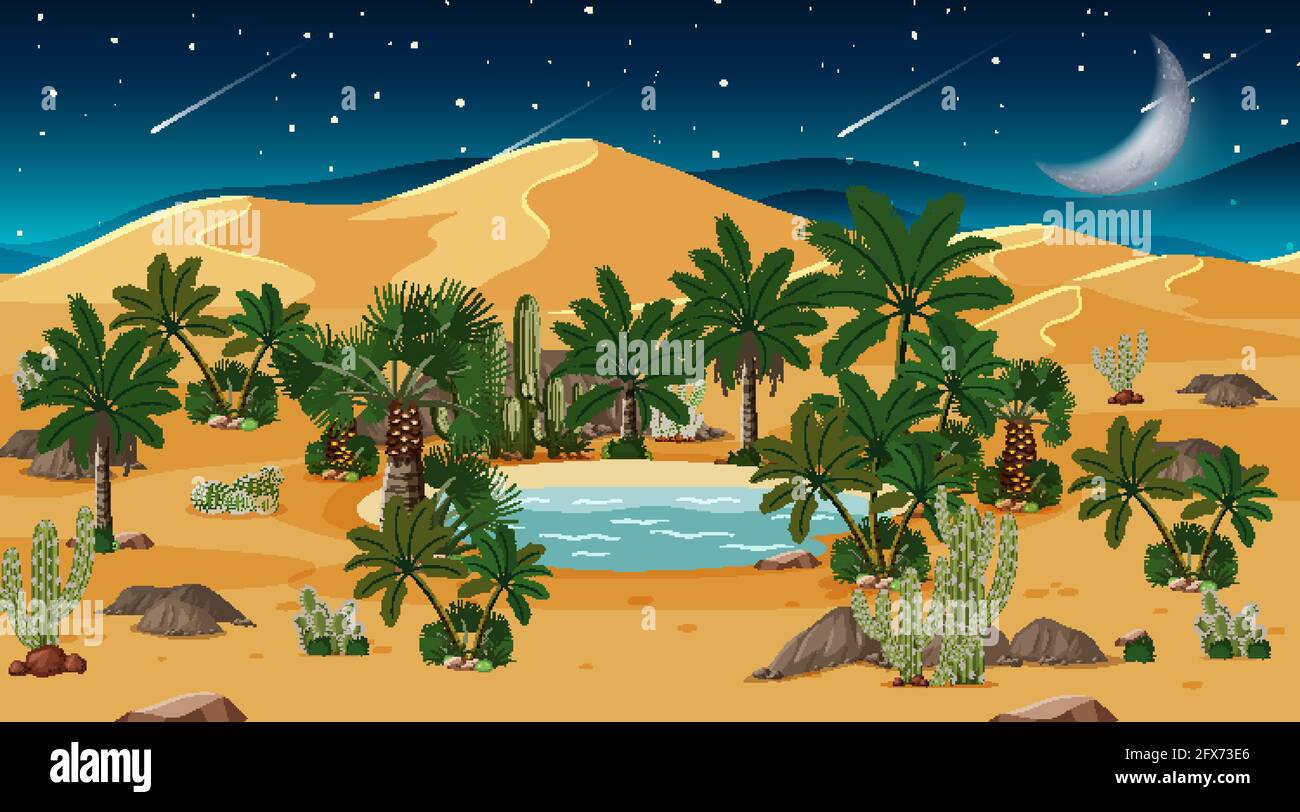 Desert forest landscape at night scene with oasis illustration Stock Vector Image & Art - Alamy