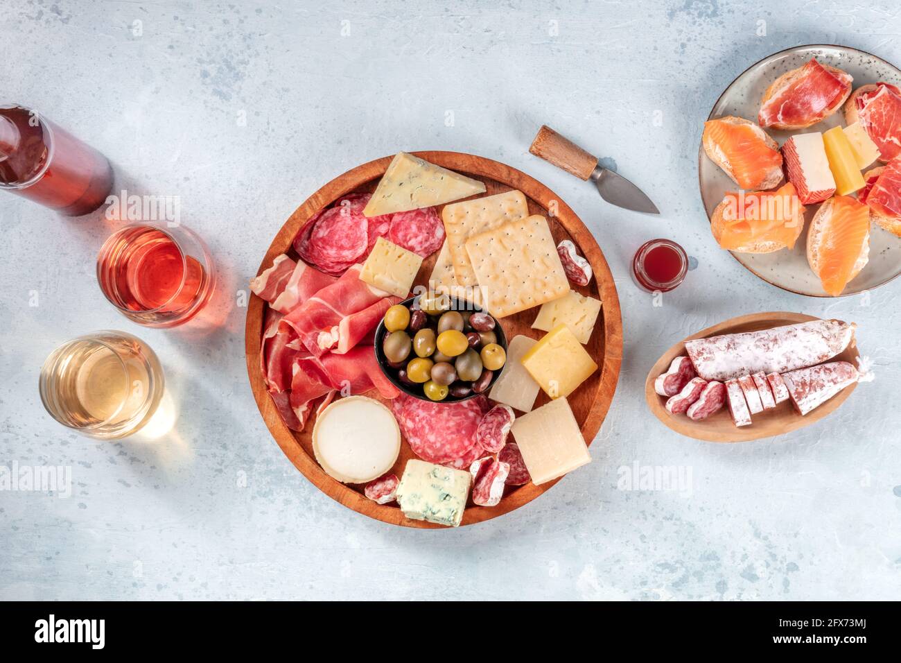 Charcuterie and cheese board, overhead flat lay composition with copy ...