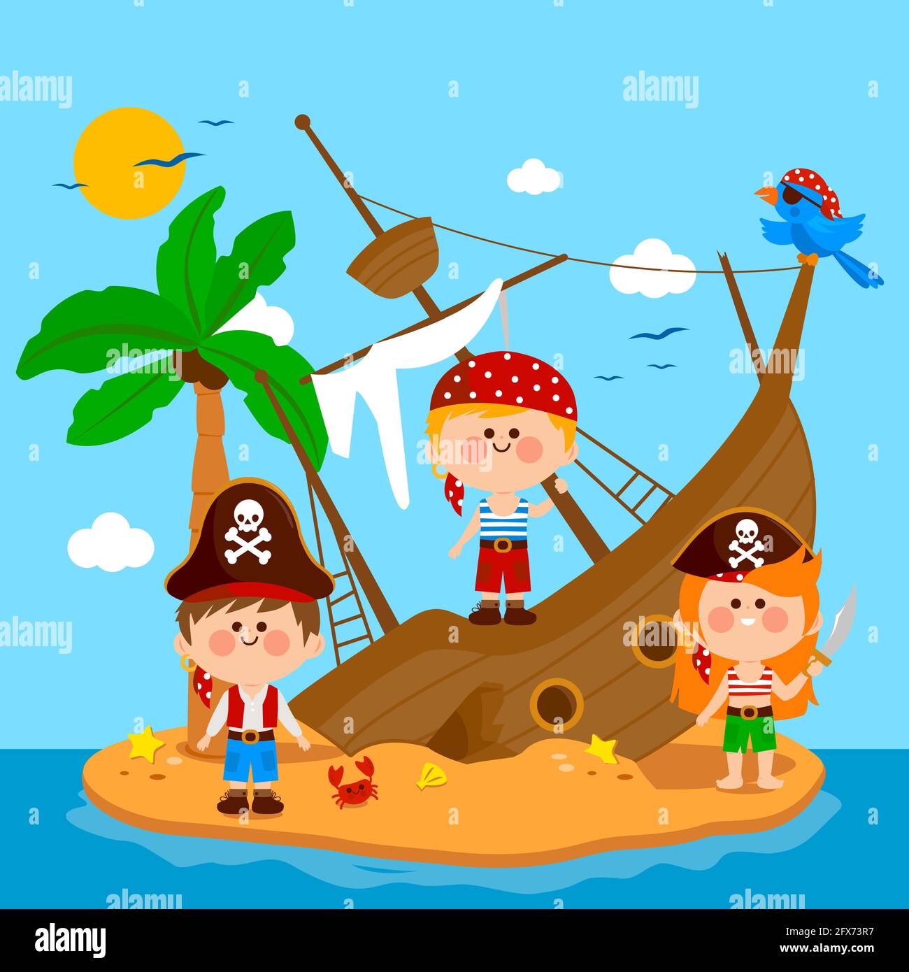Pirate boys and girls on a broken ship on an island with a palm tree ...