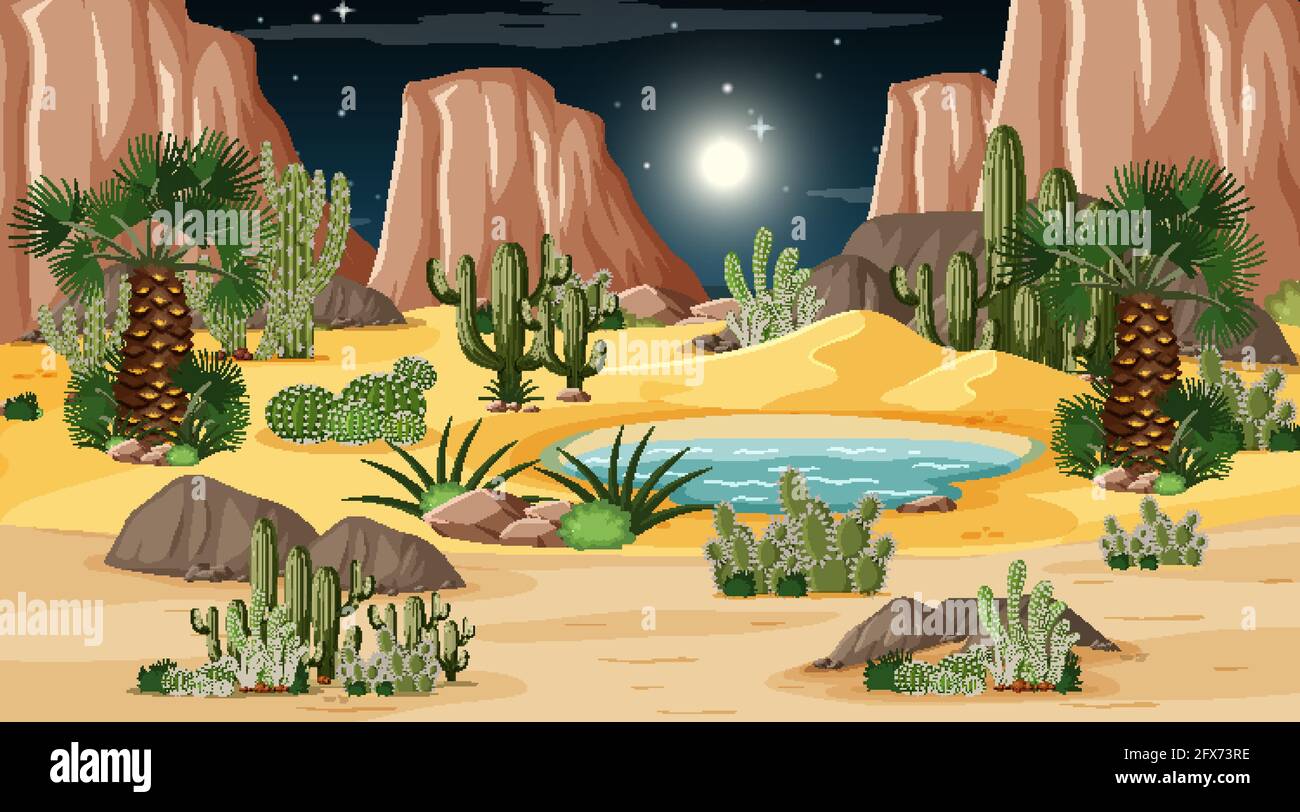 Desert forest landscape at night scene with oasis illustration Stock Vector Image & Art - Alamy