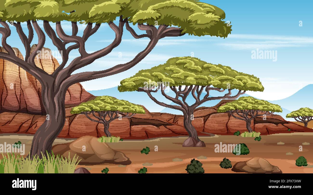 African Savanna forest landscape scene at day time illustration Stock ...