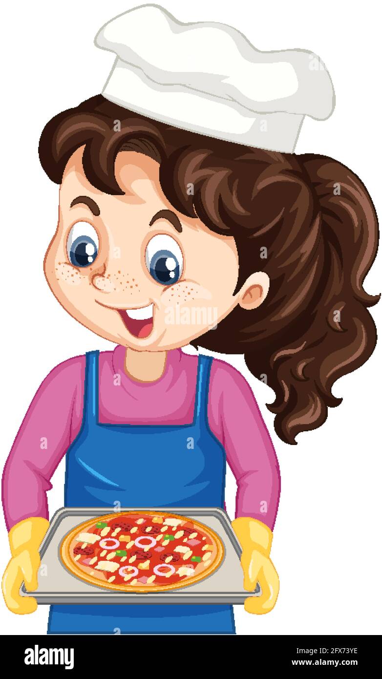 Chef girl cartoon character holding pizza tray illustration Stock ...
