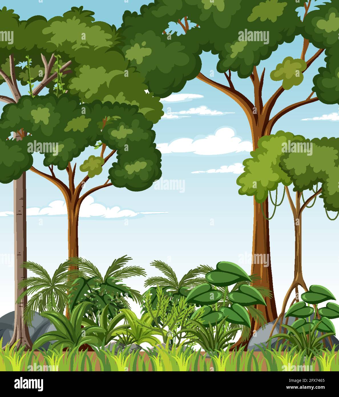 Forest scene with many trees at day time illustration Stock Vector ...