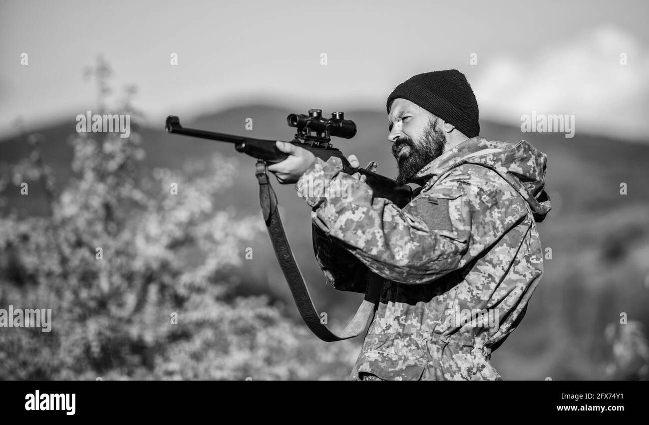 Hunting and trapping seasons. Hunting masculine hobby. Man brutal ...