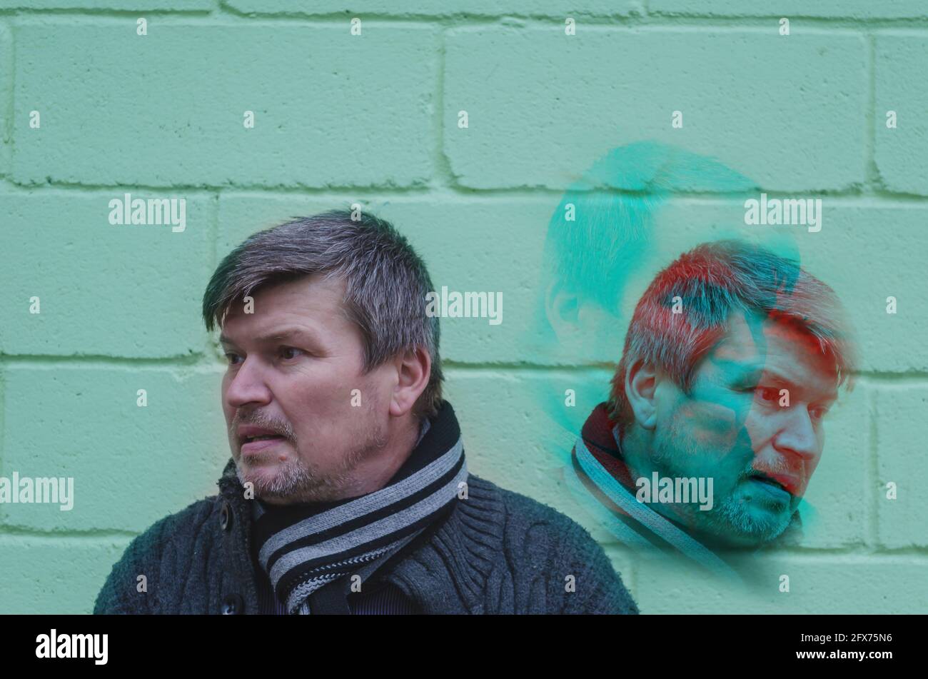 Bifurcated Personality Concept. Multiple male portrait with glitch ...