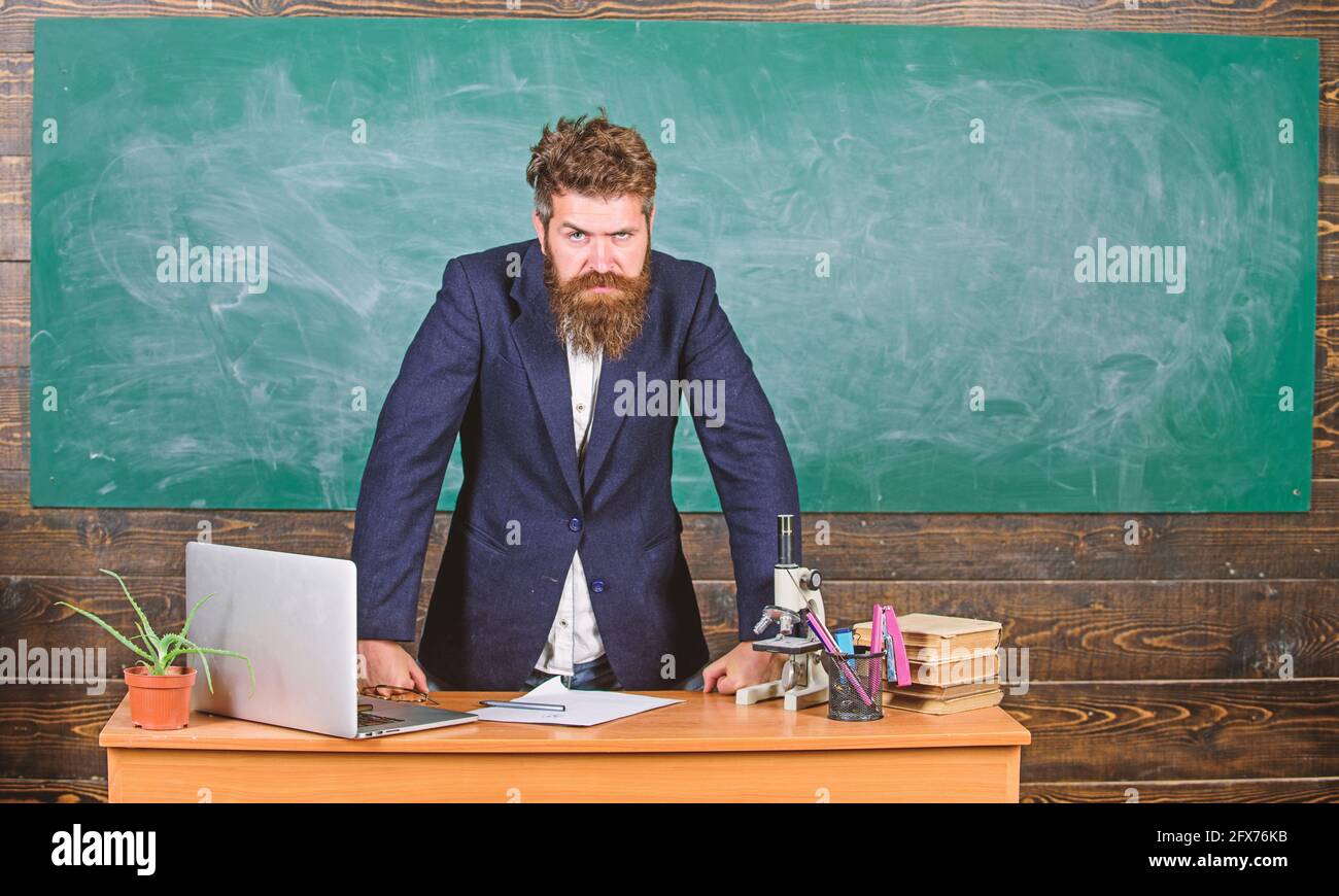 Teacher interesting interlocutor as authority. Teacher bearded man tell ...