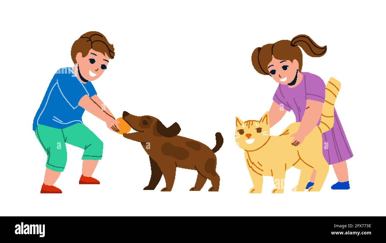 Kids Playing With Pets Together In Park Vector Stock Vector Image & Art ...