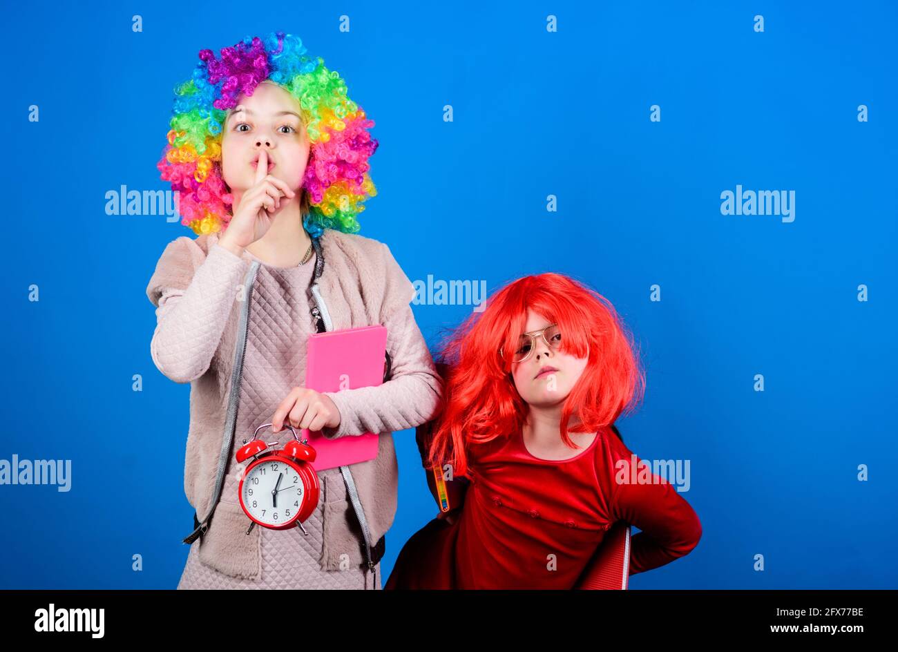 Circus school education. Time to have fun. Kids colorful curly wig ...