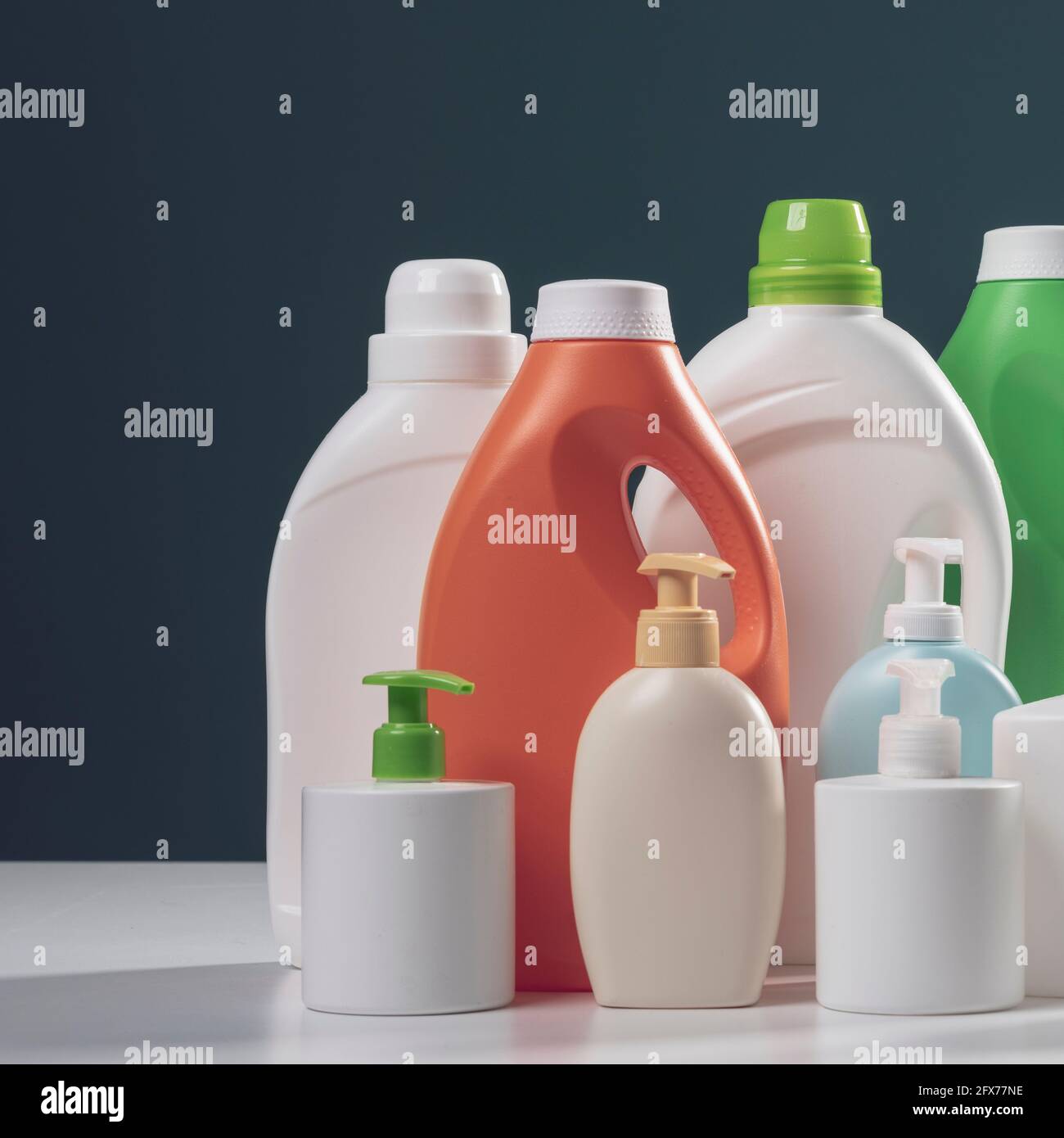 Set of cleaning products and liquid soaps, household chores and hygiene ...