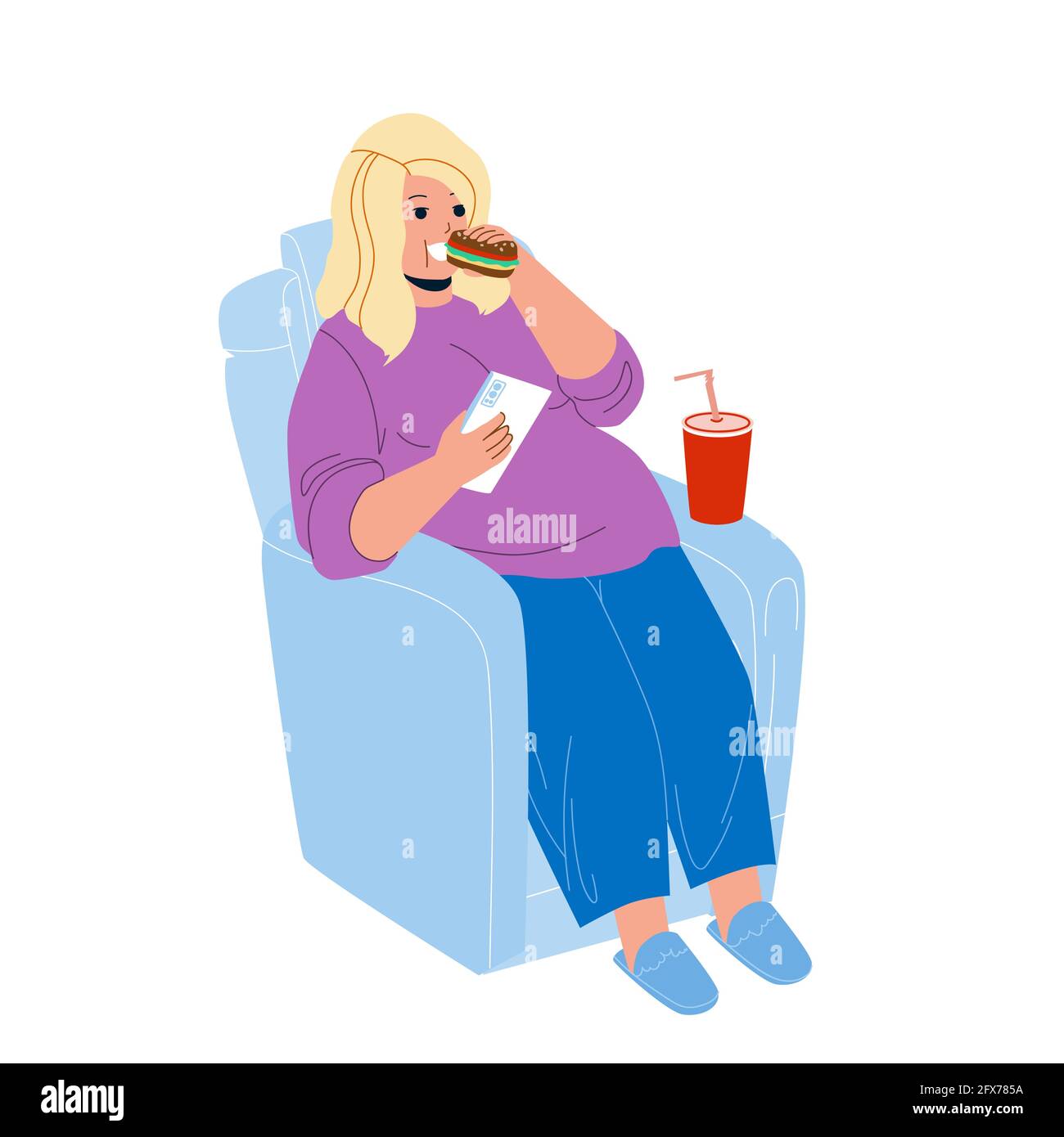 Overweight Girl Eat Fast Food In Armchair Vector Stock Vector Image ...