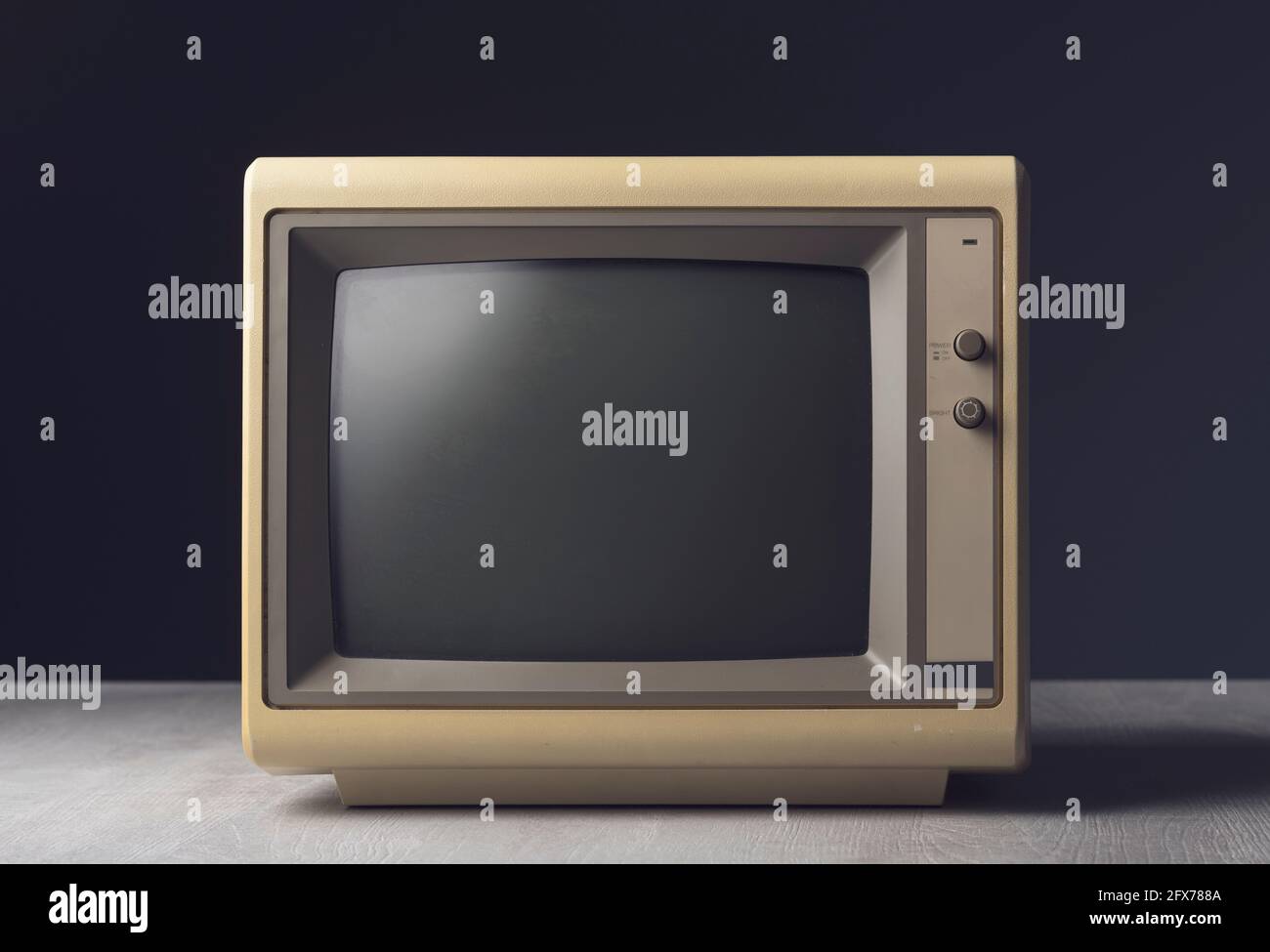 Vintage computer monitor with black screen, outdated technology concept ...