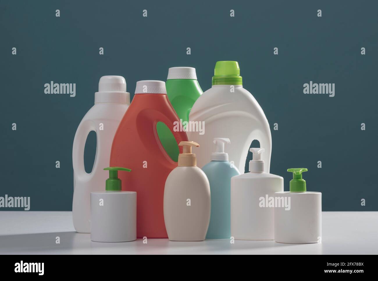 Set of cleaning products and liquid soaps, household chores and hygiene ...