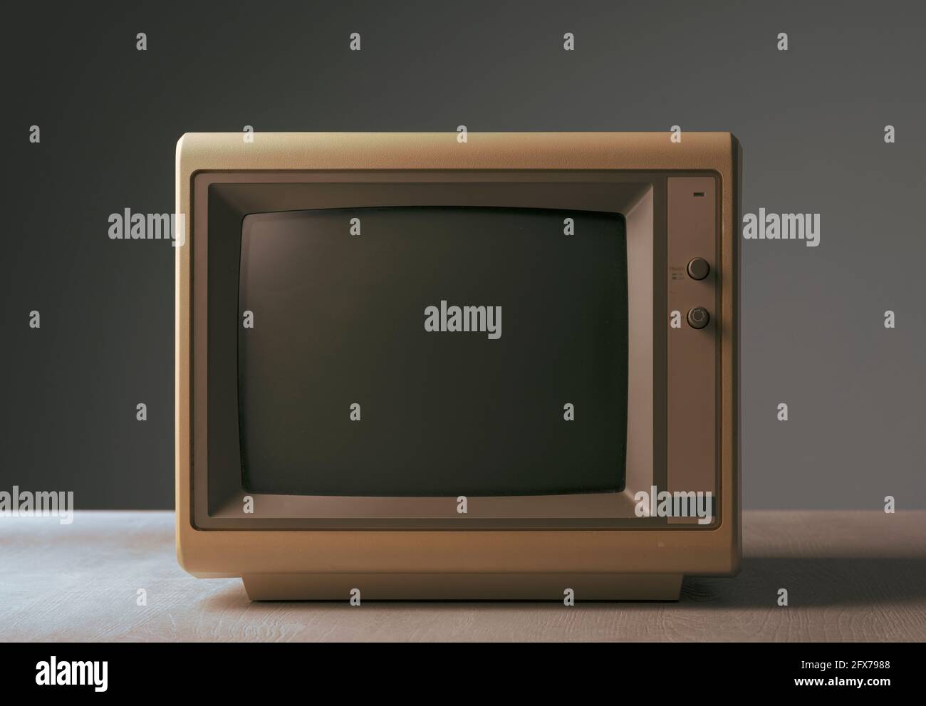 Vintage computer monitor with black screen, outdated technology concept ...